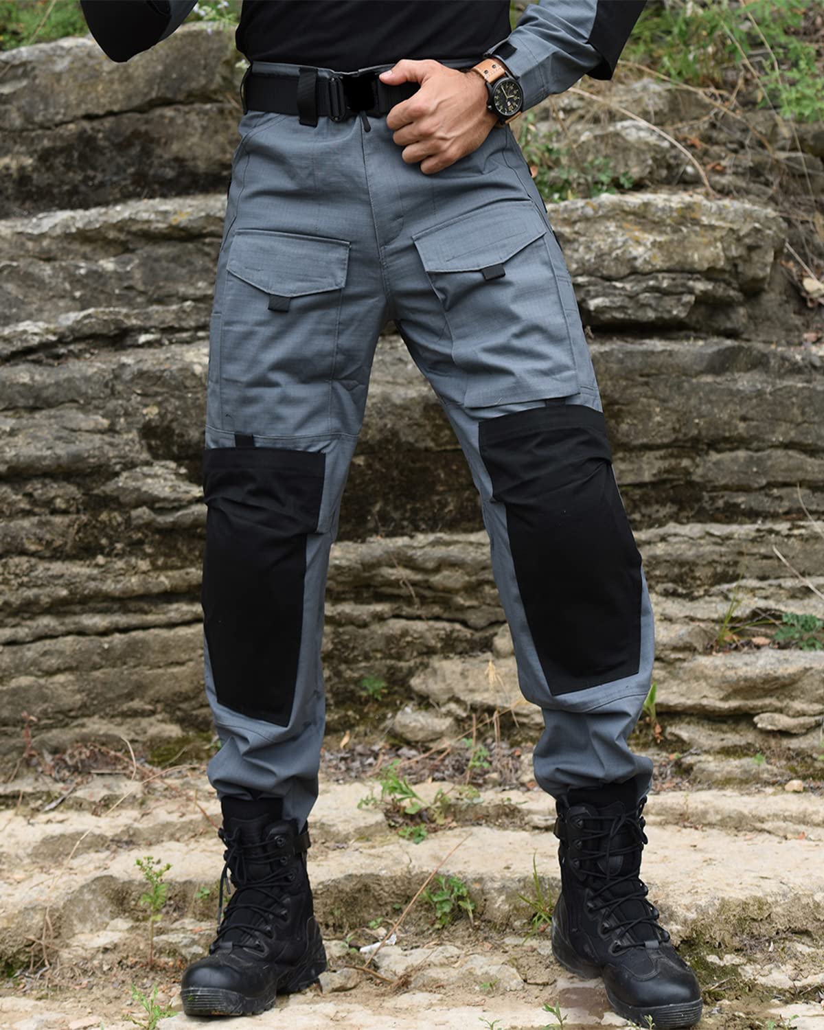 HAN·WILD Men's Tactical Suit Combat Pants and Shirts with Hood Military Uniform Airsoft Clothing with Knee Pads(GRAY)