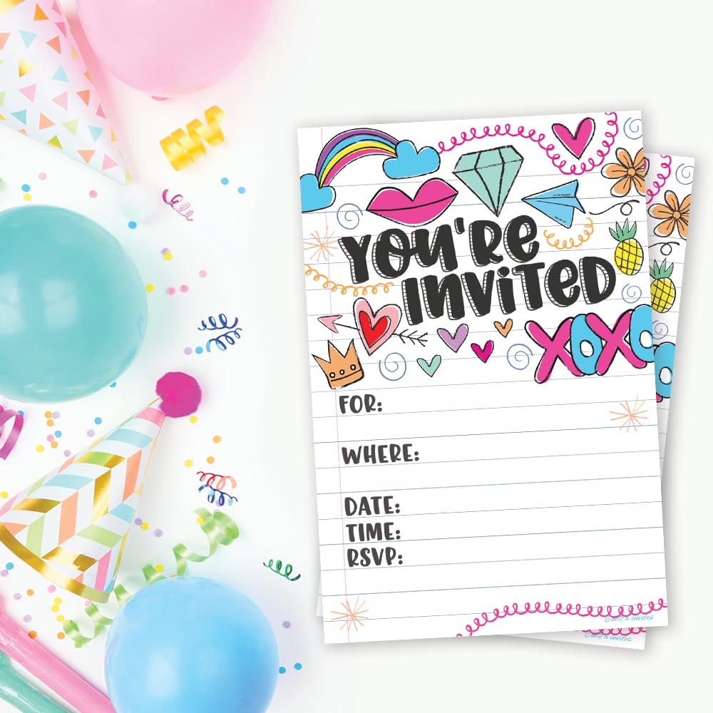 Fun Girl Doodles Invitations (20 Count) With Envelopes - Pre Teen - Tween Birthday Invitations