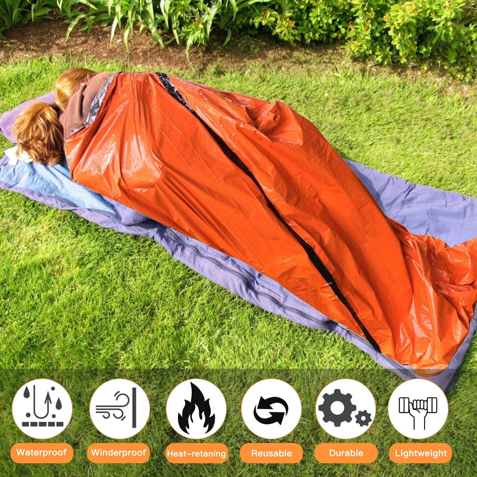 Emergency Survival Sleeping Bag with Stuff Sack and Whistle Waterproof Thermal Bivy Sack Portable Lightweight Emergency Survival Blanket for Camping,Hiking,Outdoor Adventure Activities(2 Pack)