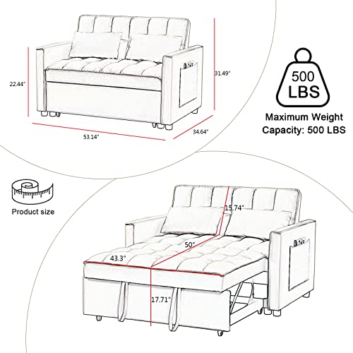 Velvet Pull Out Sleeper Sofa Bed, Convertible Futon Couch Bed with Adjustable Backrests, 3 in 1 Modern Loveseat with 2 Pockets and Pillows, Small Love Seat for Living Room, Guest Room, Off White