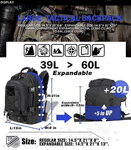 WolfWarriorX Tactical Backpack for men Military Army Expandable 3 Day Pack for Camping Hiking