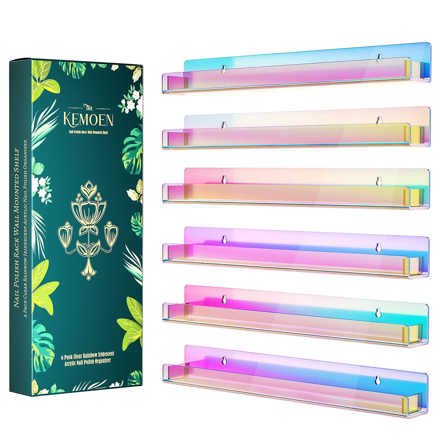 KEMOEN Nail Polish Organizer Holder - Acrylic Rainbow Storage Shelves for Wall - 6 Pack, 15" Thickened Display Stand - and Also Organizing Books, Glasses, Small Pendants, Lipstick, and More.