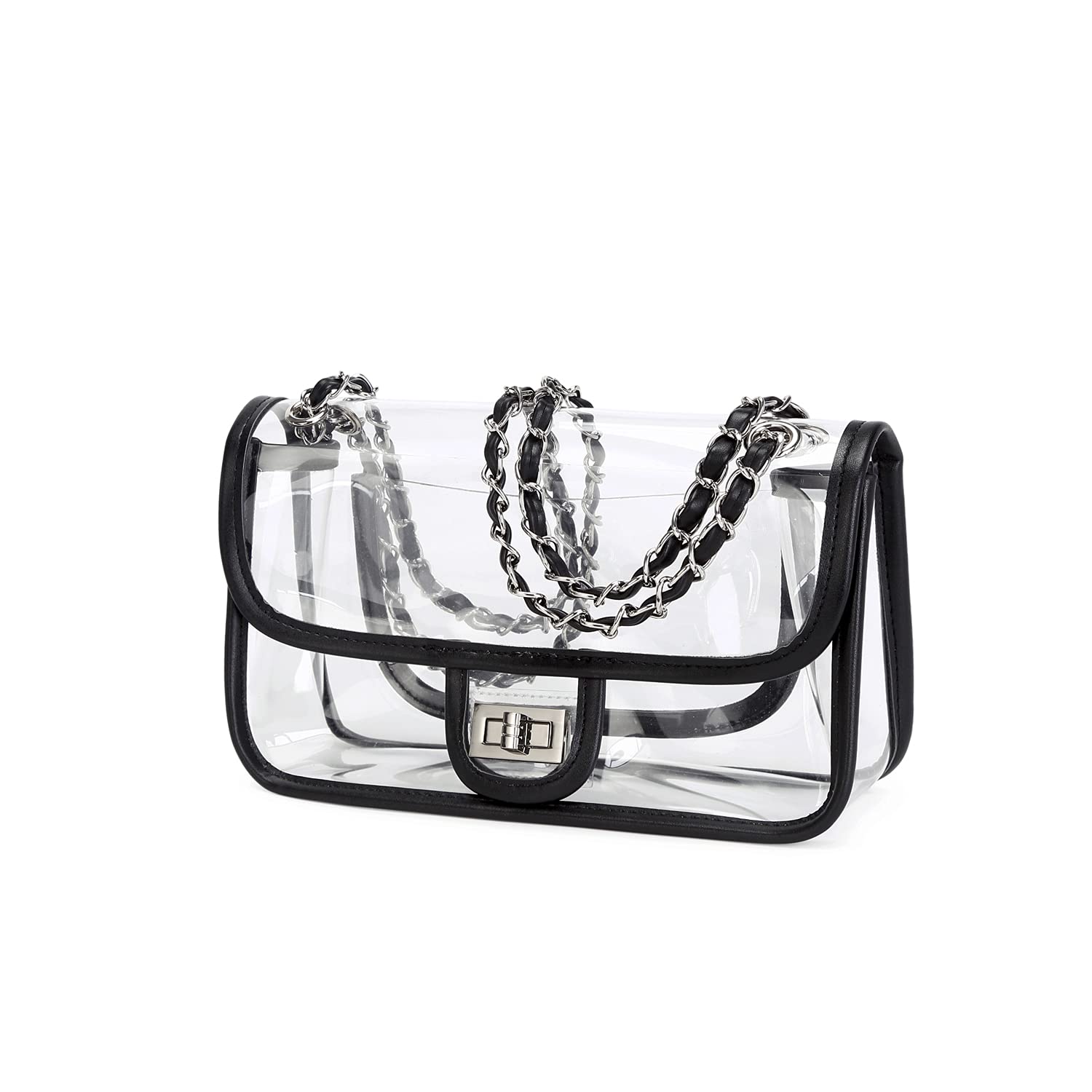 LAM GALLERY Womens PVC Clear Purse Handbag with Chain Stadium Approved Clear Bag See Through Bag for Working and Concert (Black Gold Large)