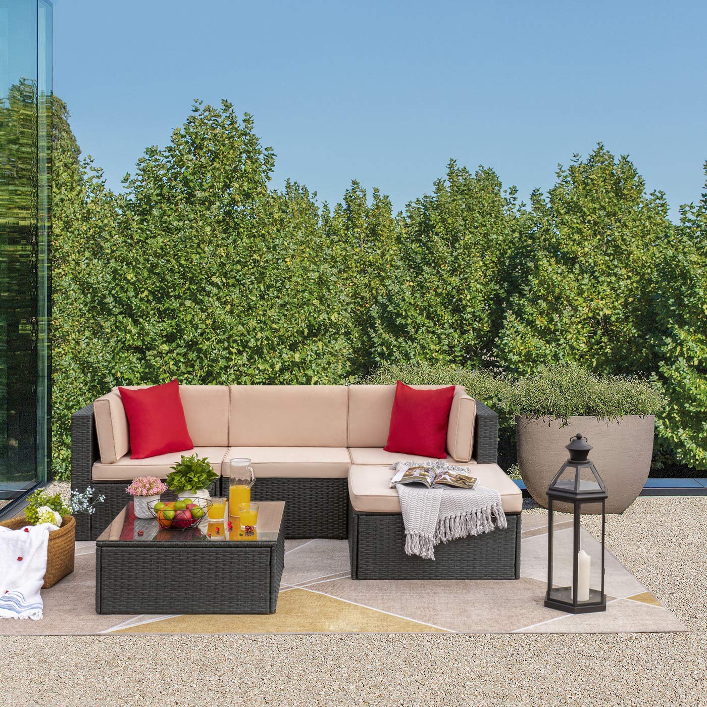Flamaker 5 Pieces Patio Furniture Set Outdoor Sectional Sofa Patio Sofa Conversation Sets with Ottoman and Cushions