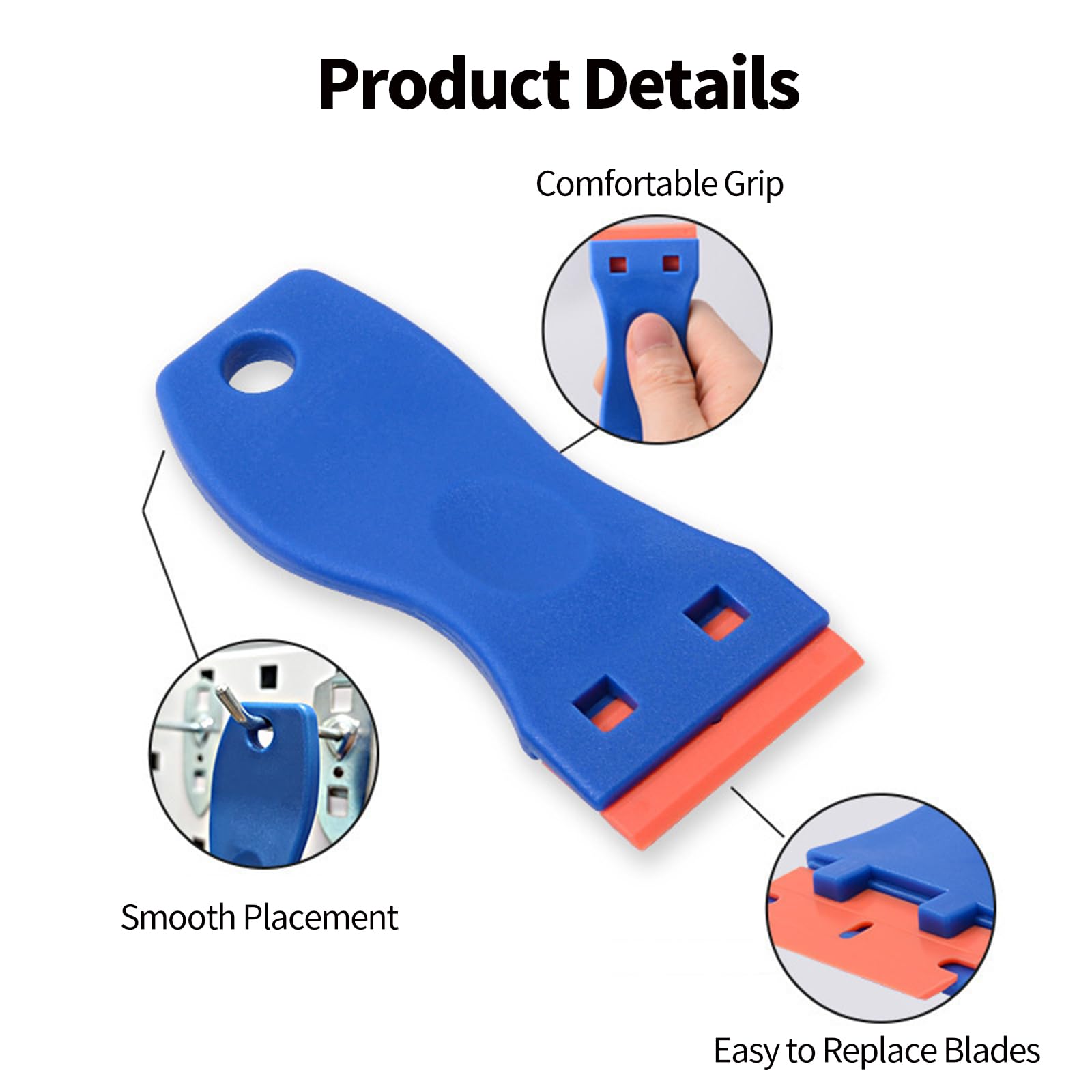 Plastic Razor Blade Scraper Remove Label Decal Tool, 2PCS Scraper Tool with 50PCS Plastic Blades, Cleaning Adhesive Remover for Stickers Gaskets and Paints on Window Car Glass, No Scratches, Blue