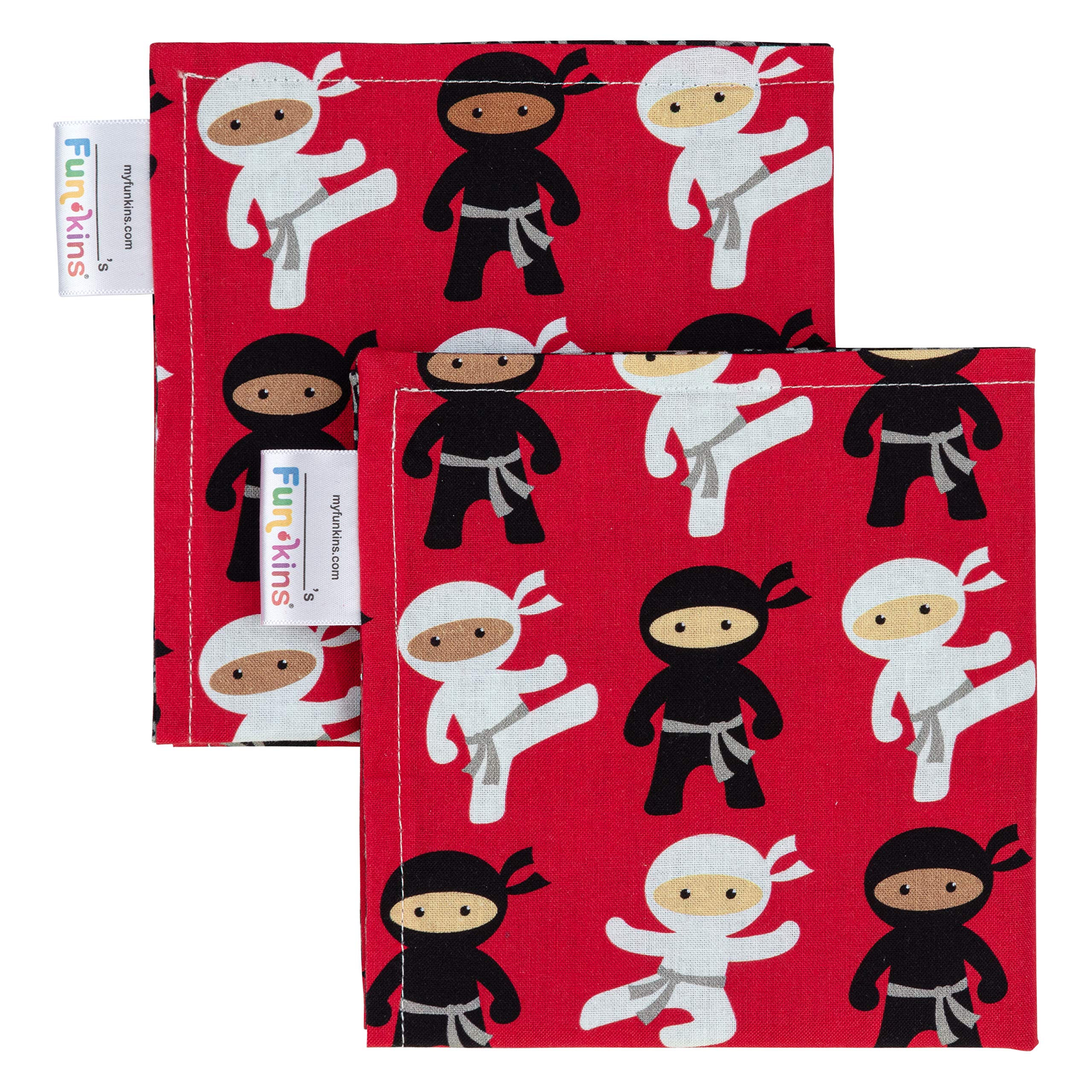 Funkins Reusable Cloth Napkins for Kids | 12”x12”, 2-Ply, Thick, Absorbent, Durable | Machine Washable | Name Tag | Soft Cotton Fabric | Great for School Lunchboxes | Set of 2 Napkins (Ninjas)