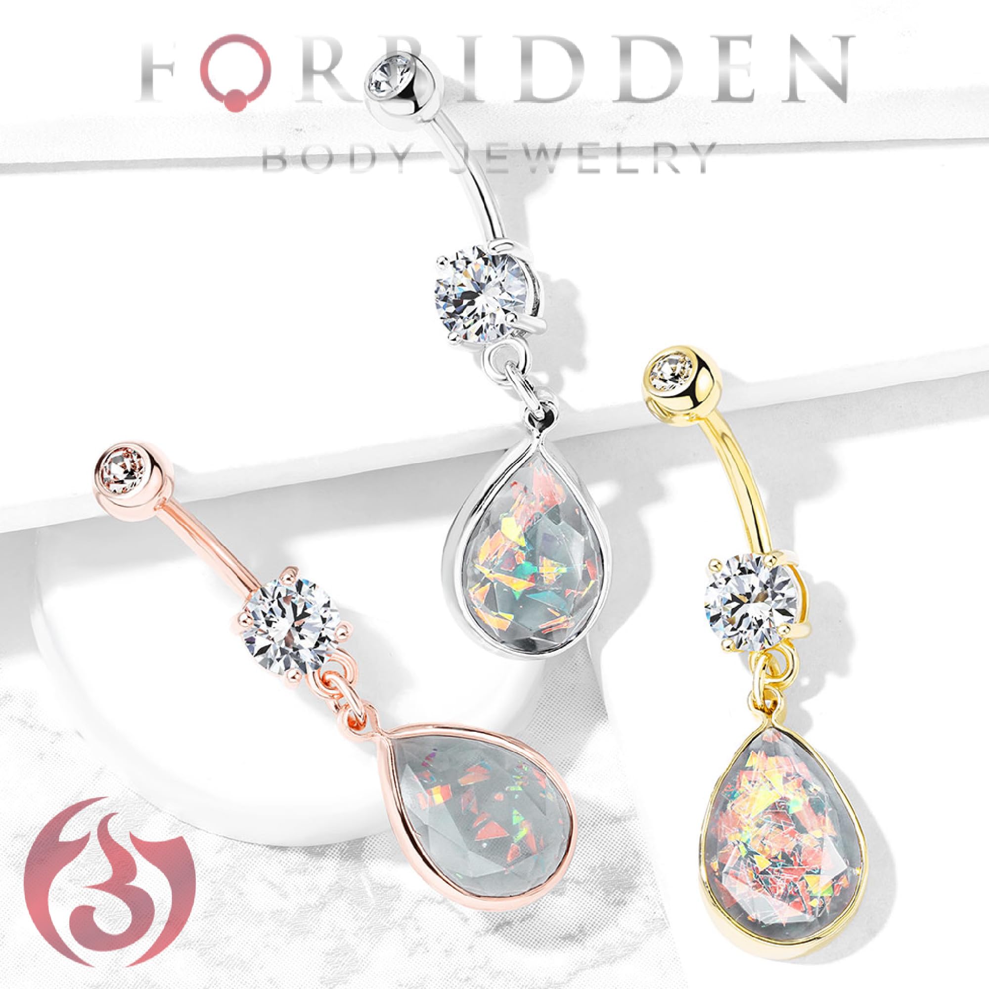 Forbidden Body Jewelry Surgical Steel CZ Dangle Belly Button Ring with Teardrop Rainbow Glitter Opalite, Rose Gold Tone