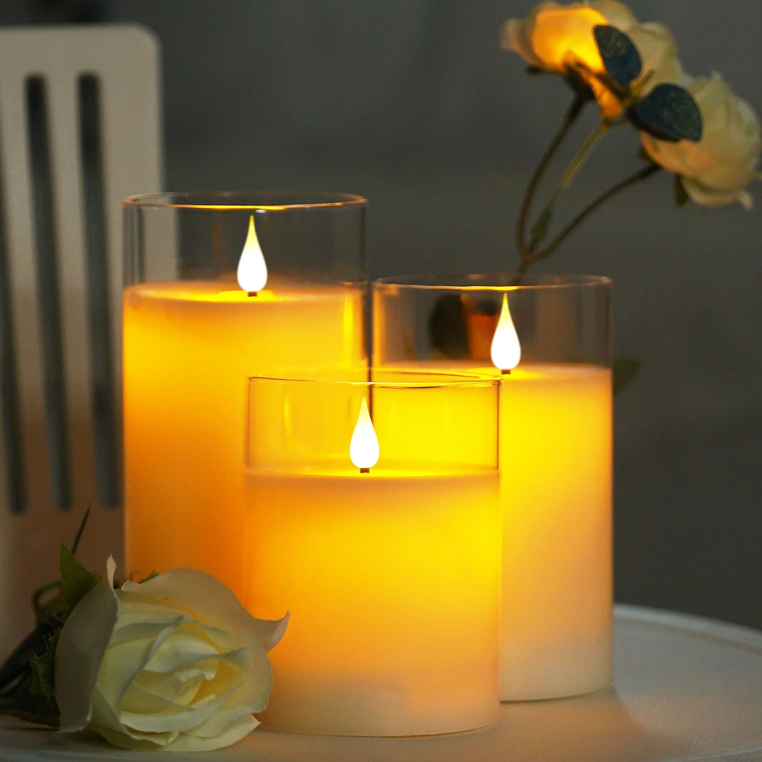 Flameless Candle with Glass Effect,Battery Candles,Pack of 3