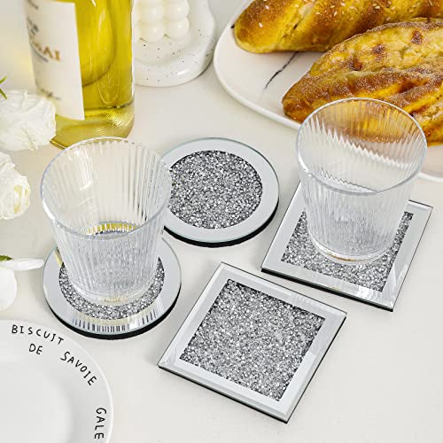 ToPToToo Mirrored Crystal Glass Coasters for Drink Crushed Diamond Decor Cup Coasters Set of 4,Square Personalized Coasters with Holder for Wooden Coffee Table (4 X 4 Inch)