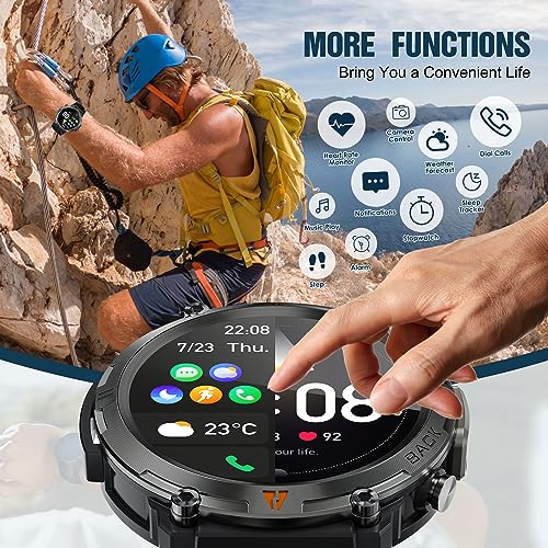 Military Smart Watch for Men with Flashlight(Bluetooth Call/Answer), 1.45β Rugged Tactical Smartwatch for Sleep Heart Rate Pedometer, Outdoor Fitness Tracker Compatible with Android iPhone Black