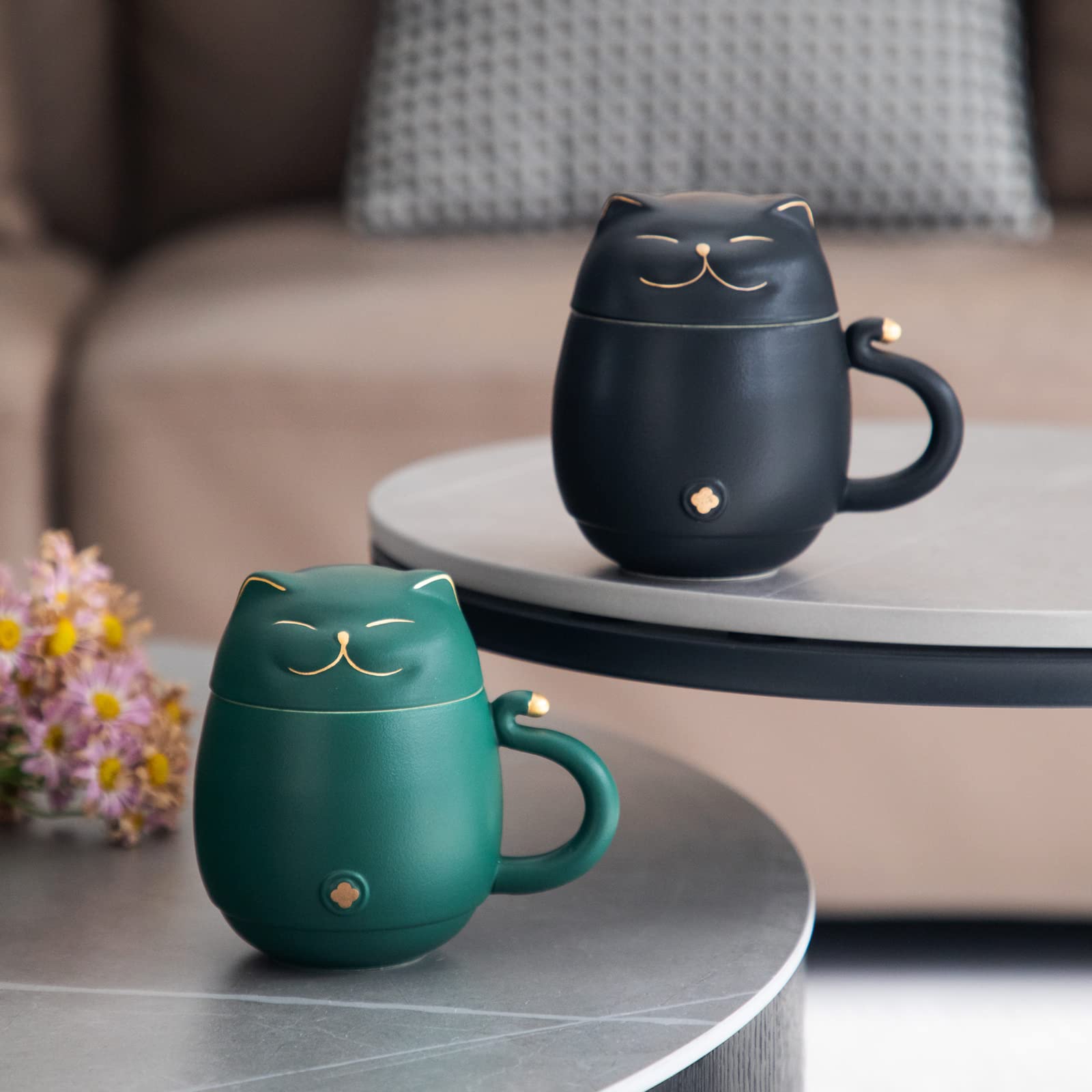 HEER Ceramic Tea Cup with Infuser and Lid, Cute Lucky Cat Coffee Mug Gift for Cat Lovers, Chinese Loose Leaf Tea Steeper. (Green)