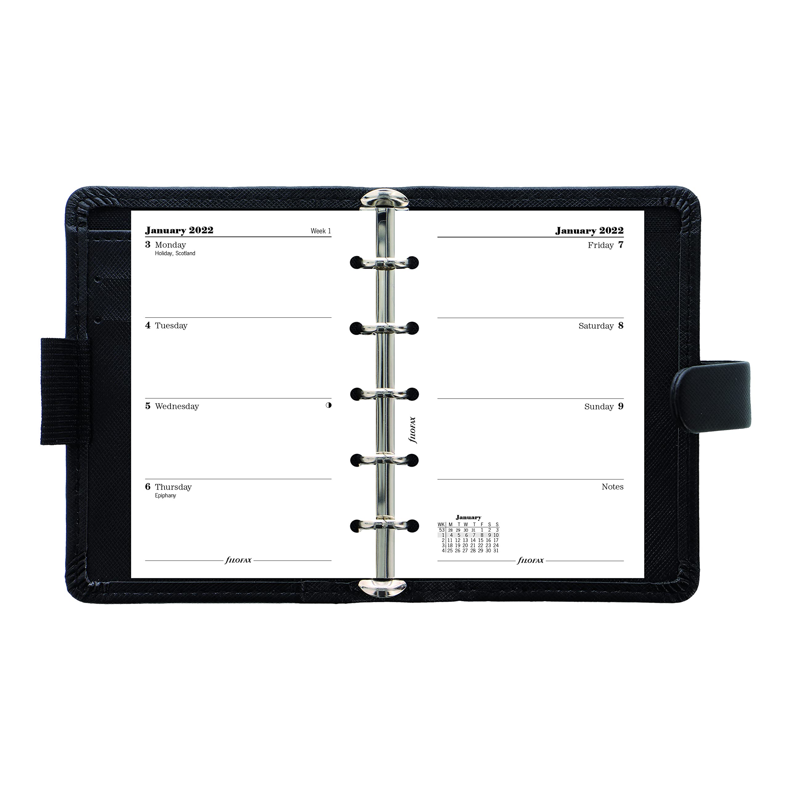Filofax Saffiano Organizer, Mini Size, Black - Cross-Grain, Leather-Look, Five Rings, Week-to-View Calendar Diary, Multilingual, 2022 (C028771-22)