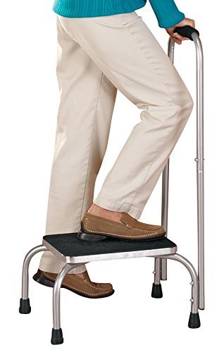 WalterDrake Step Stool with Tall Handle, Steel, Rubberized Platform, 16” Long x 12” Wide x 34” High, Black & Chrome
