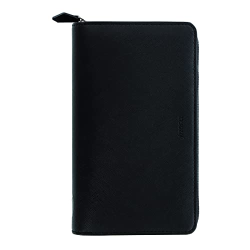 Filofax Saffiano Zip Organizer, Personal Compact Size, Black - Cross-Grain, Leather-Look, Six Rings, Week-to-View Calendar Diary, Multilingual, 2022 (C028775-22)