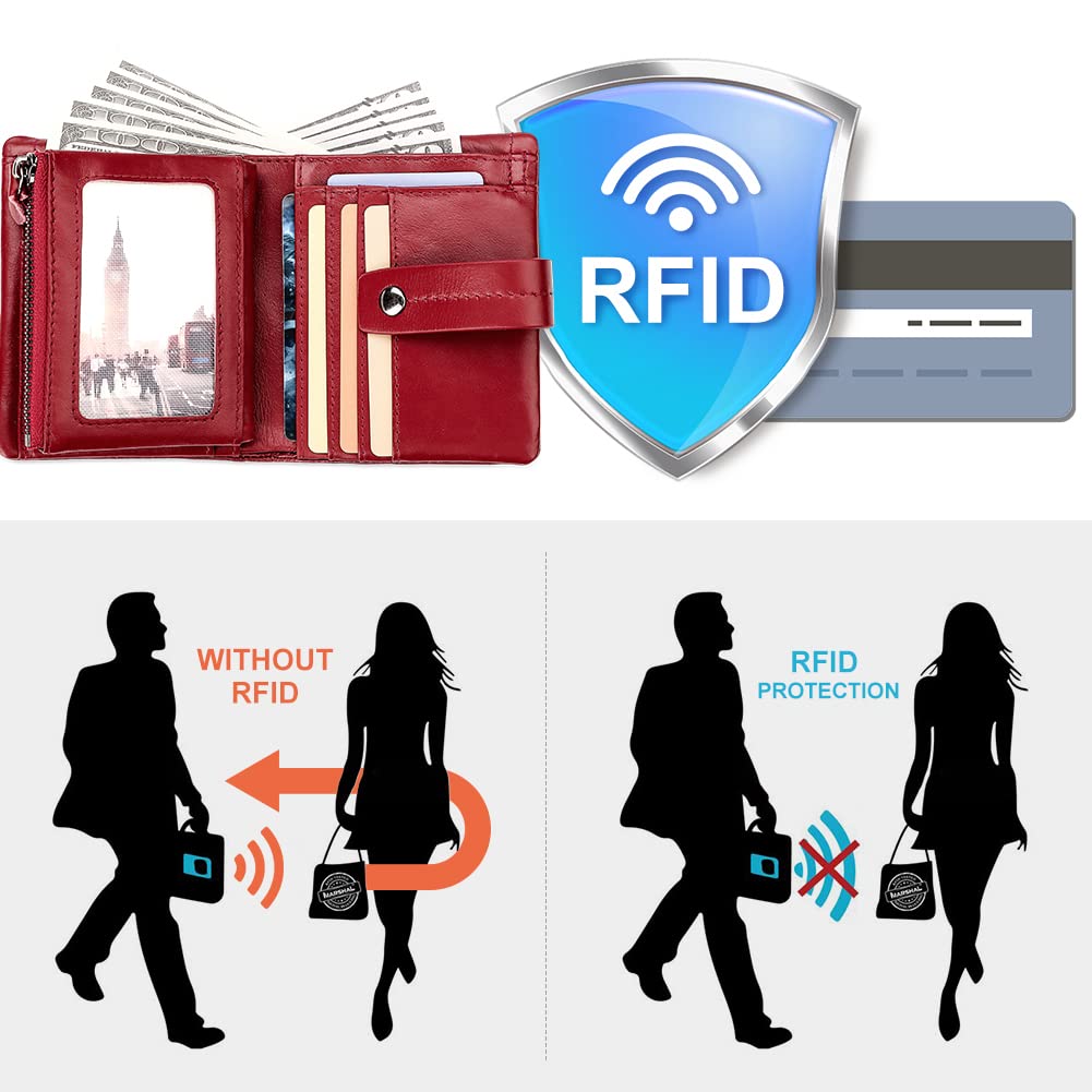 gzcz Small Women Wallet Genuine Leather RFID Blocking Bifold Purse with ID Window and Card Case Purse,Red