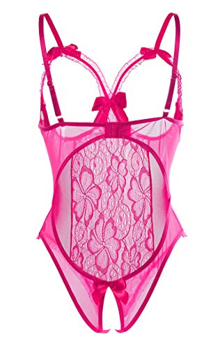 Women Sexy Teddy Lingerie One Piece Lace Babydoll Bodysuit Nightie Plus Size S-3XL (Medium, Rose Red)