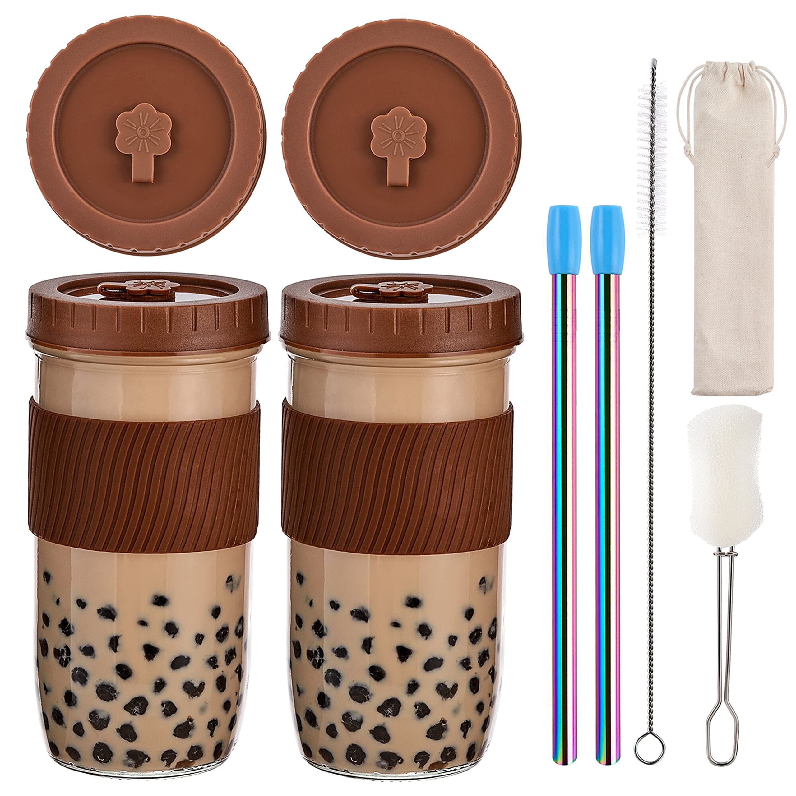 HEFBCOMK 2 Pack Reusable Boba Cup, 24Oz Wide Mouth Smoothie Cups,Bubble Tea Cup with Lid and Straws, Iced CoffeeCups, Leakproof Mason Jars Glass Cups, Travel Drinking Bottle (Coffee)