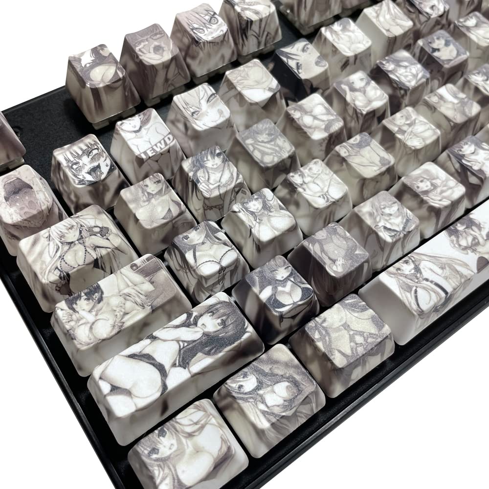 JYWF108 PBT Dye Sublimation Keycap Anime keycaps for Mechanical Gaming Keyboards (Cherry Switches) (Black and White)