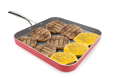 EaZy MealZ Square Non-Stick Grill Pan for Stove, Light weight, Perfect Grill Marks, Oven Safe up to 500 Degrees, Extra Large, 12" Red