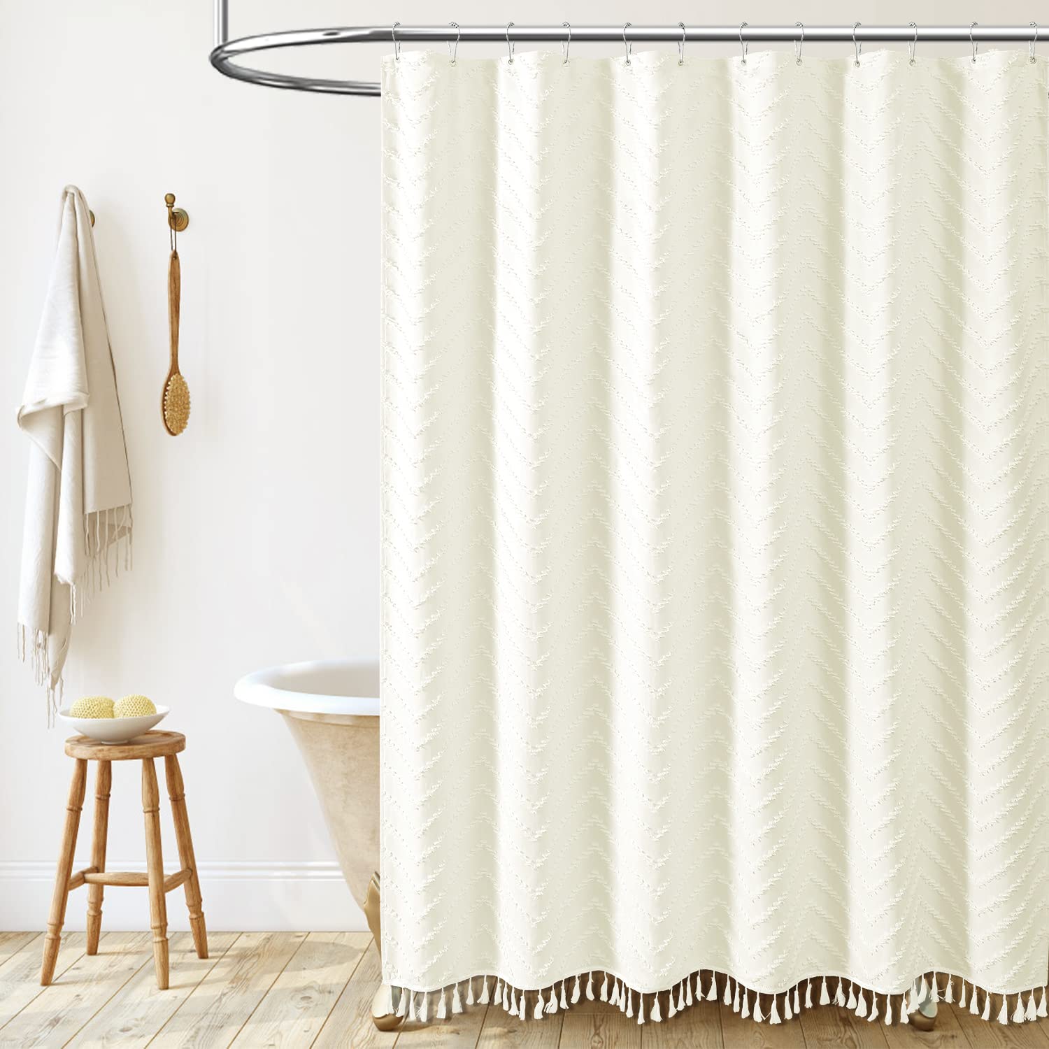 Dynamene Boho Farmhouse Shower Curtain, Cream Fabric Tufted Chevron Striped Textured Tassel Shower Curtains for Bathroom, Water Repellent, Minimalist Ruffled Cloth Shower Curtain Set with Hook, 72x72