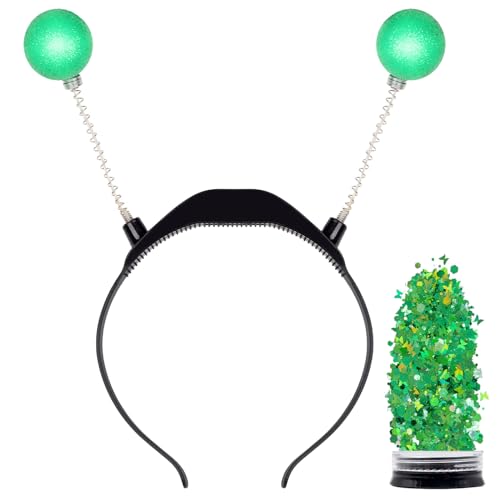 Funcredible Light Up Alien Headbands and Glitter - Green Martian Light Up Alien Antenna Headband - Space Costume Accessories - Sparkly Alien Costume