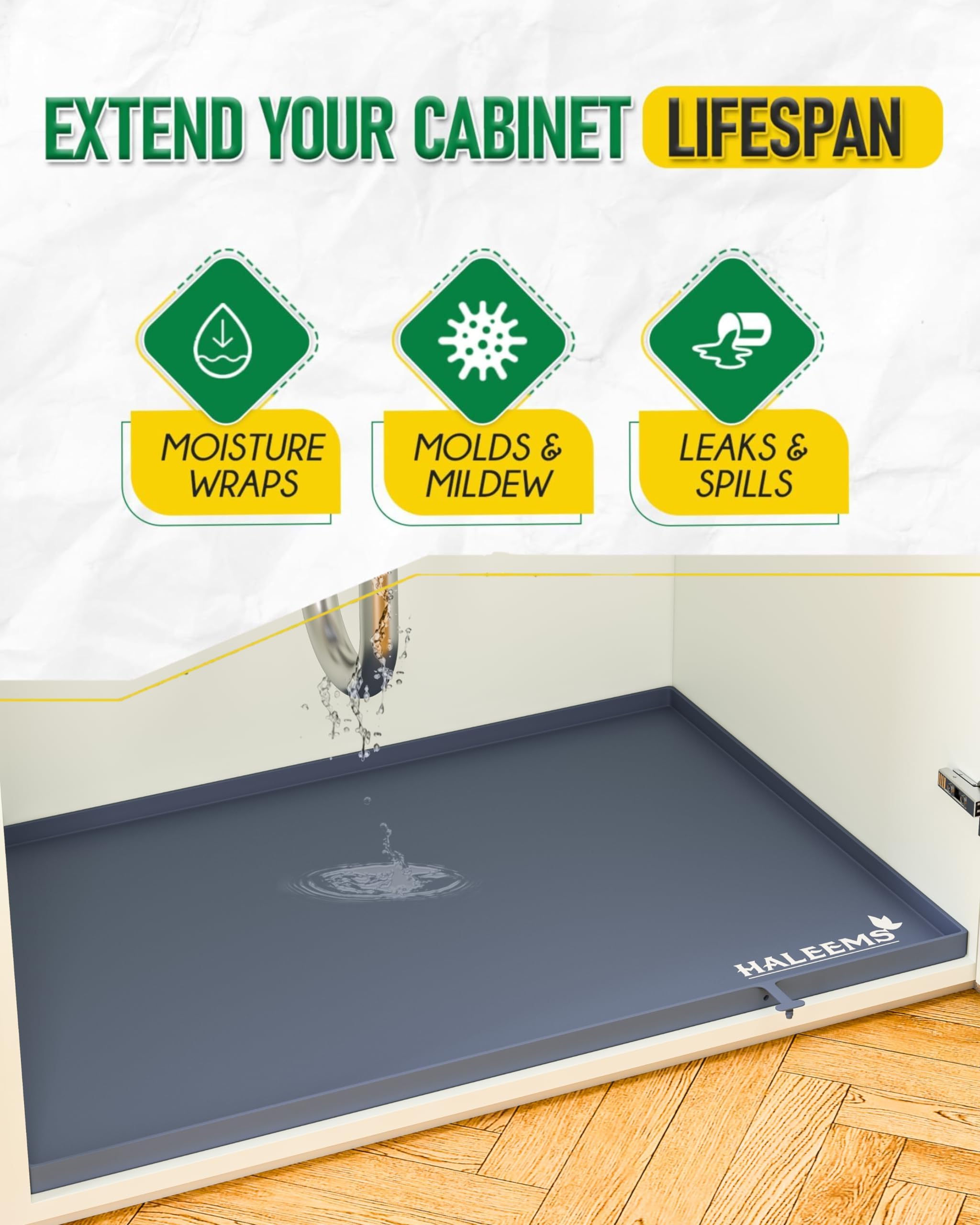 HALEEMS Under Sink Mat with Unique Drain Hole Design - Silicone 34'' X 22'' Under Sink Mats for Bottom of Kitchen Sink - Kitchen Cabinet Mats Hold up to 3 Gallons Liquid, Protector Tray, Easy to Clean