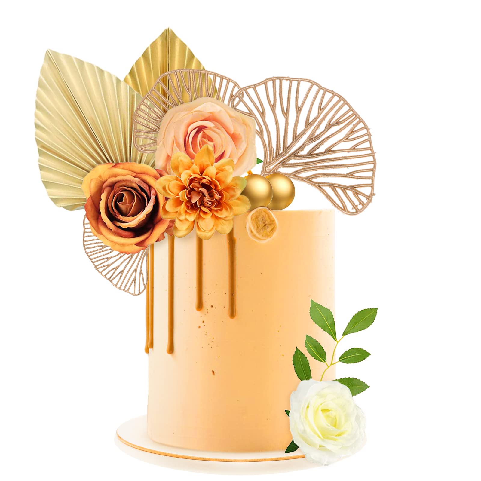Flower Cake Toppers Boho Cake Decorations Happy Birthday Cake Toppers with Artificial Rose Gold Palm Leaves Ginkgo Leaves and Balls for Mother's Day Birthday Party Wedding Baby Shower