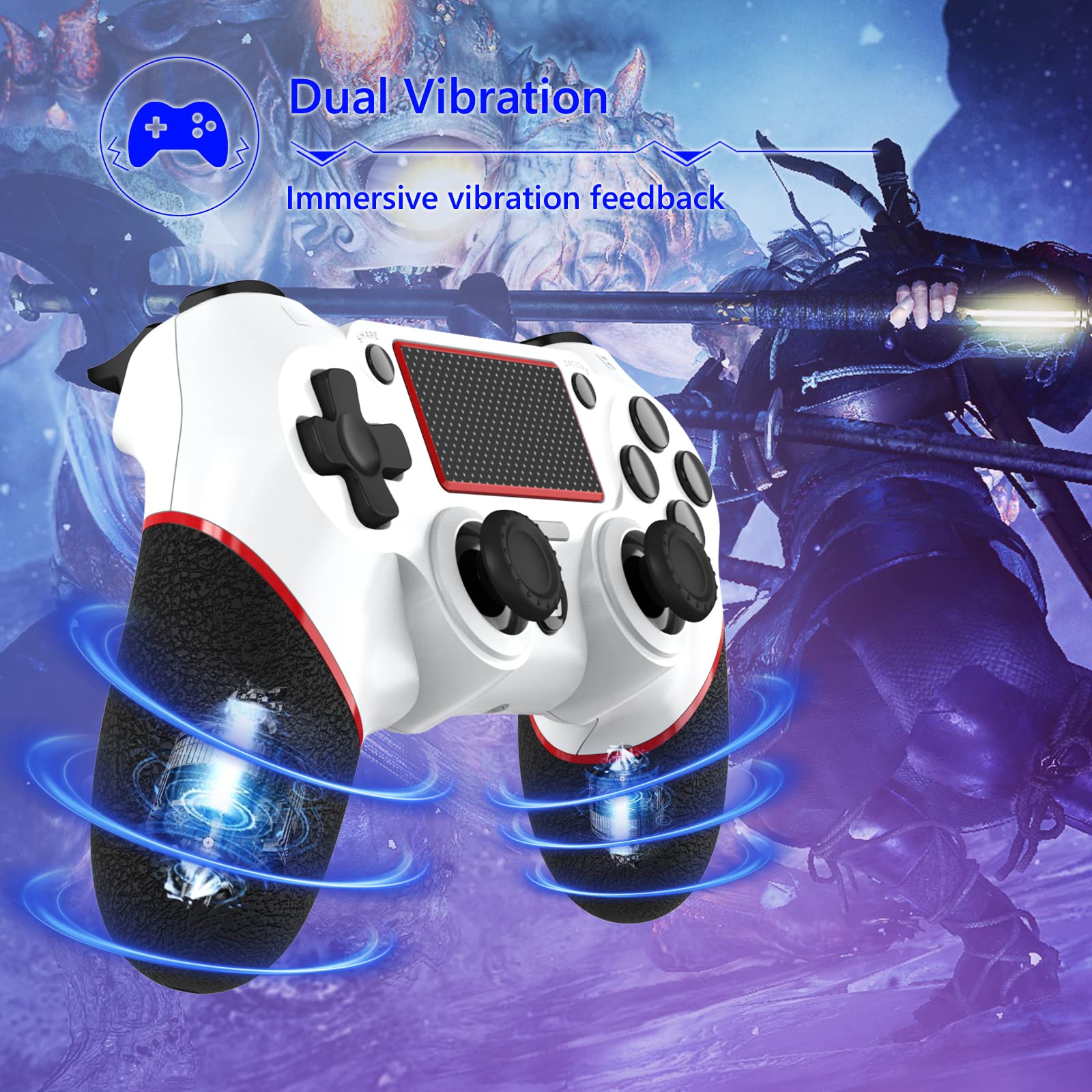 Famido for PS4 Controller, Wireless Dual Vibration Game Joystick Controller with Non-Slip Analog Sticks/6-Axis Motion Sensor Compatible with P4/Slim/Pro (White) for PS4 Controller, Wireless Dua