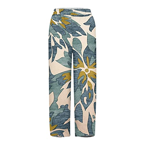 SMIDOW Pants for Women Womens Boho Floral Print Linen Pants Casual Loose Drawstring High Waist Cropped Capris Straight Leg Lounge Trousers