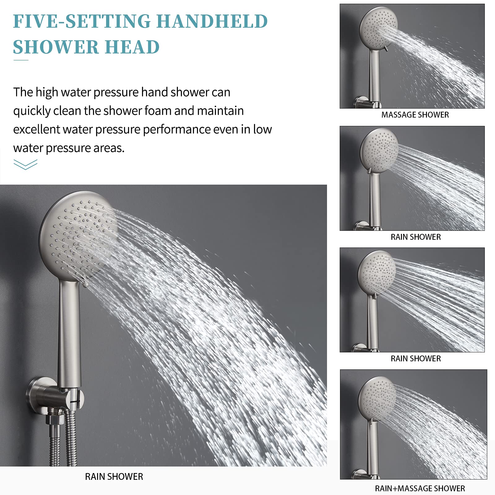 Gabrylly Brushed Nickel Shower System, Wall Mounted Slide Bar Shower Faucet Set Complete,15“ Grab Bar Handle,Brushed Nickel