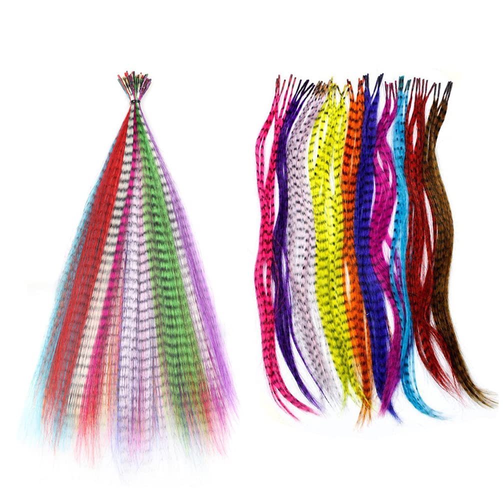 YUDAOHAIR Synthetic Feather Hair Extensions for Women 16 Inch Hairpieces With100pcs Silicone Micro link Beads And 2 Crochet Hooks Hair Feathers with Tools Kit (16'', 12 feather mix colors)