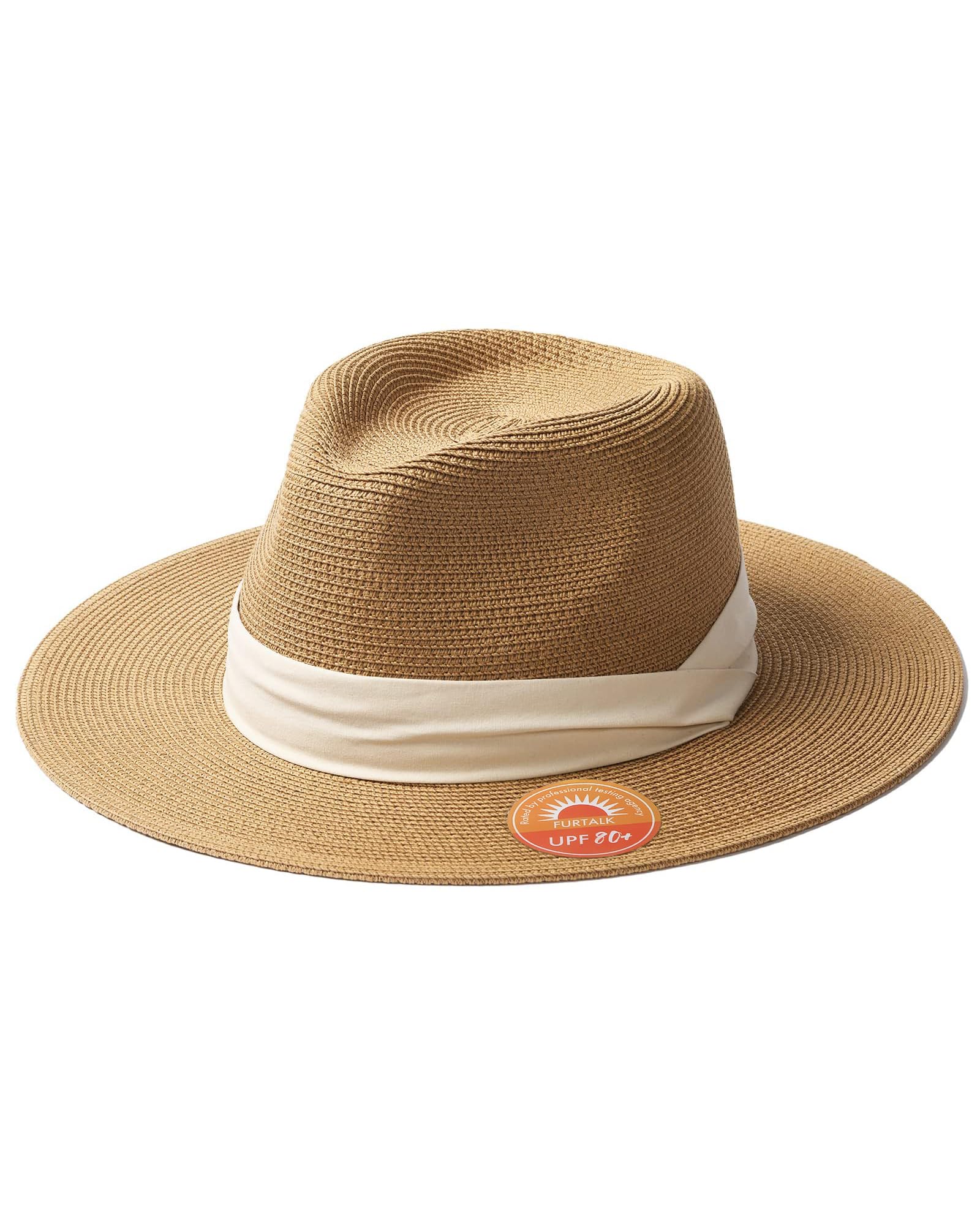 FURTALK Panama Hat Sun Hats for Women Men Wide Brim Fedora Straw Beach Hat UV UPF 50 Brown