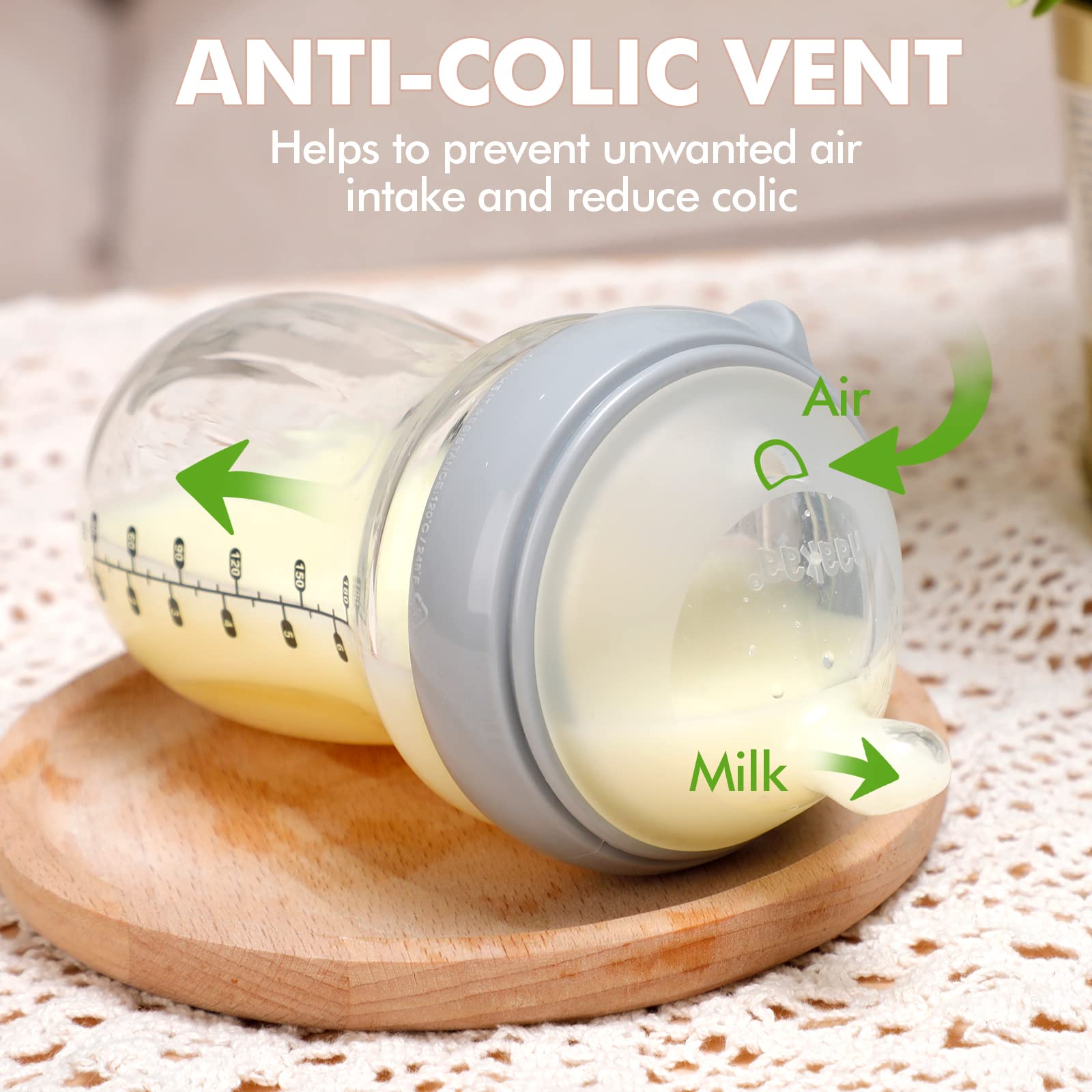 haakaa Manual Breast Pump 4oz/100ml and Glass Baby Bottle 6.3oz/180ml with Anti-Colic Body for Baby Feeding (Variable Flow Nipple, 6m+, Grey)