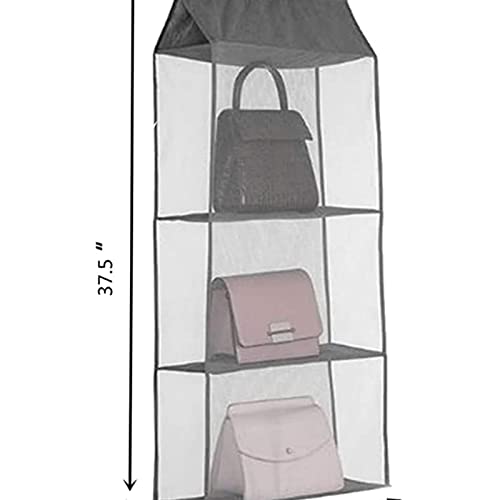 Hanging Handbag Purse Organizer, 3 Grids Pockets Foldable Hanging Bag, Space-Saving Storage Bag System, Suitable for Living Room Bedroom Family use (Gray)