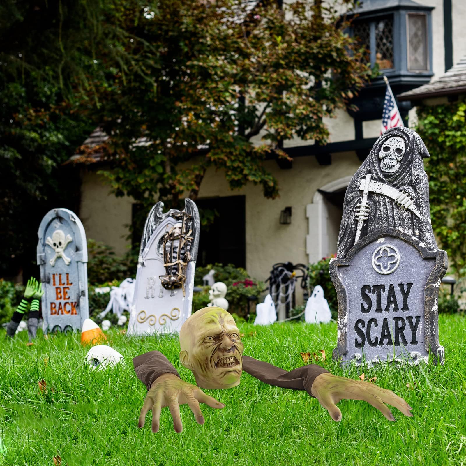 Halloween Decorations Outdoor Lighted Zombie Groundbreaker Decoration, Creepy Face Hand Lawn Stakes Graveyard Décor, Scary Ground Breaker Skeleton Indoor Halloween Decor