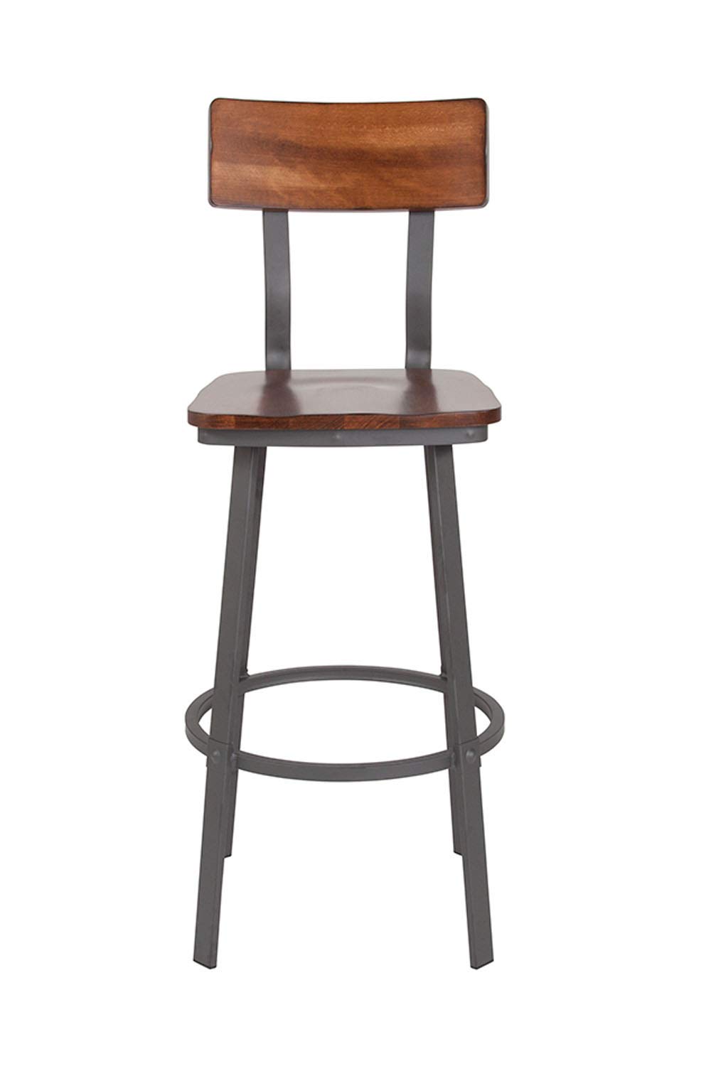 Flash Furniture Flint Series Rustic Walnut Restaurant Barstool with Wood Seat & Back and Gray Powder Coat Frame