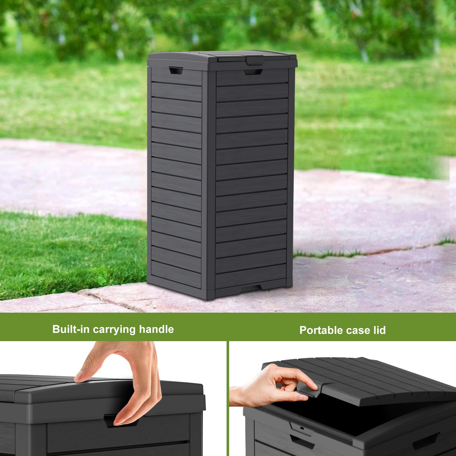 PatioZen 31 Gallon Outdoor Trash Can, Waterproof Trash Can Cabinet for Outside, Resin Garbage Bin with Lid and Drip Tray for Easy Cleaning for Patios, Kitchens, and Outdoor Entertaining(Black)