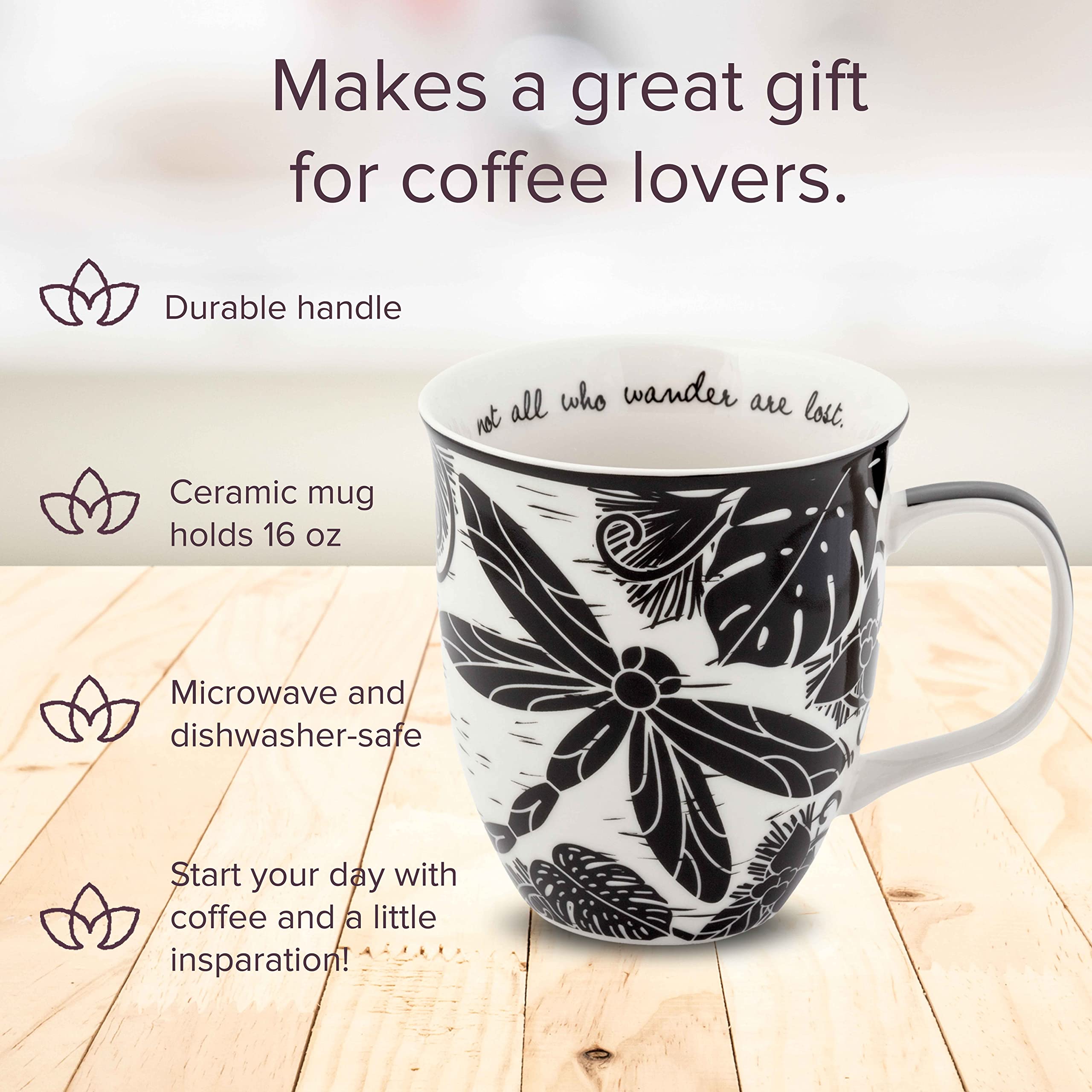 Karma Gifts 16 oz Black and White Boho Mug Butterfly - Cute Coffee and Tea Mug - Ceramic Coffee Mugs for Women and Men & Gifts 16 oz Black and White Boho Mug Dragonfly - Cute Coffee and Tea Mug