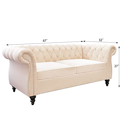 QHITTY Accent Sofa, Chesterfield Loveseat Modern Velvet Couch Upholstered Sofa with Tufted Back for Living Room Furniture (Beige)