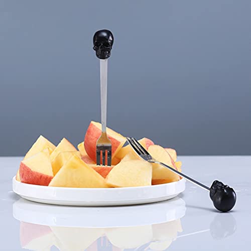 Hemoton 2pcs Salad Fruit Fork Stainless Steel Food Picks Metal Appetizer Sticks Western Salad Forks Black Outfit Dessert Three Prong Forks Black Metal Mixed Fruit Resin Skull Set