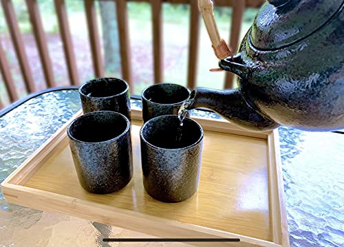 Japanese Asian Tea Set Ceramic Teapot with Strainer, Rattan Handle, 4 Tea Cups, Tea Scoop, Wooden Serving Tray and Instructions - Modern Teapot Set for Home and Office - Gift