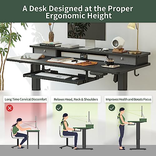 FEZIBO 55 x 24 Inch Dual Motor Height Adjustable Electric Standing Desk with Keyboard Tray, Sit Stand Table with Splice Board, Black Frame/Black and Rustic Brown Top