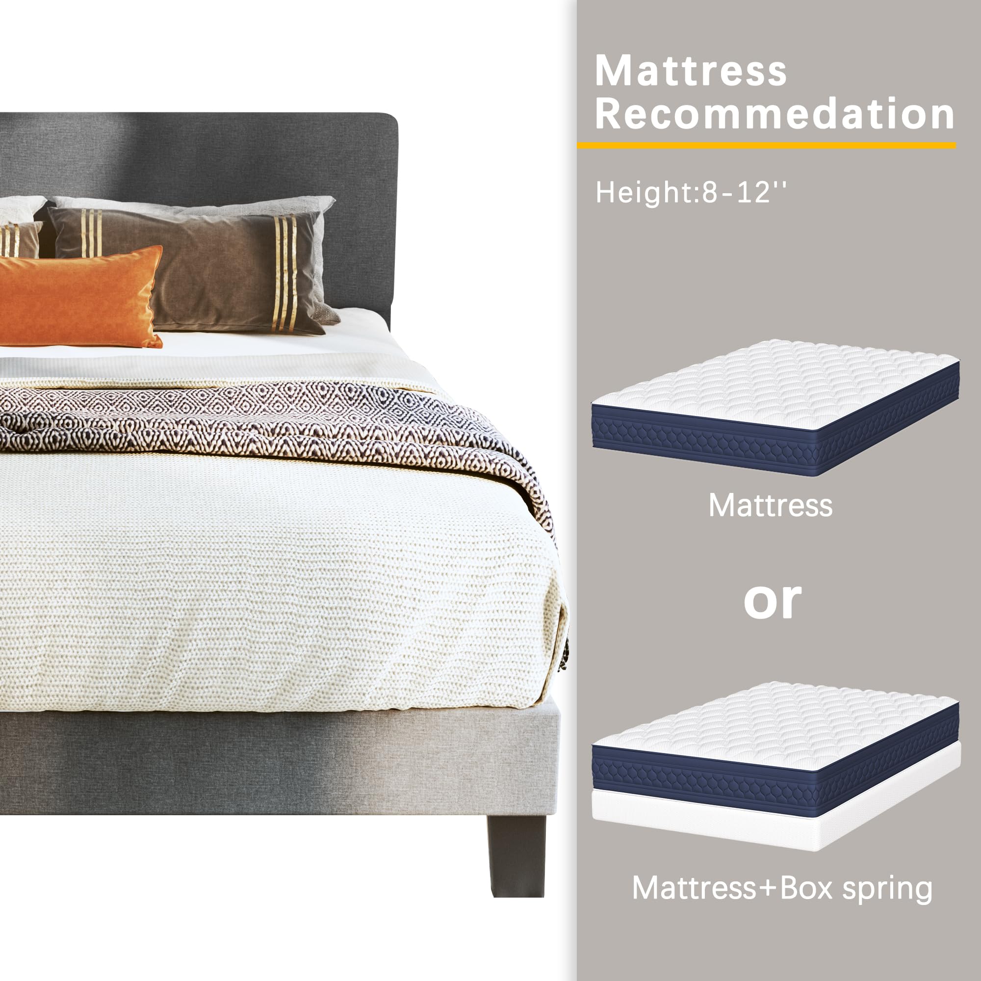 Fluest King Bed Frame with Adjustable Headboard Upholstered Bed Frame Platform Linen Fabric Headboard Wooden Slats Support/No Box Spring Needed/Easy Assembly/Mattress Foundation, Grey