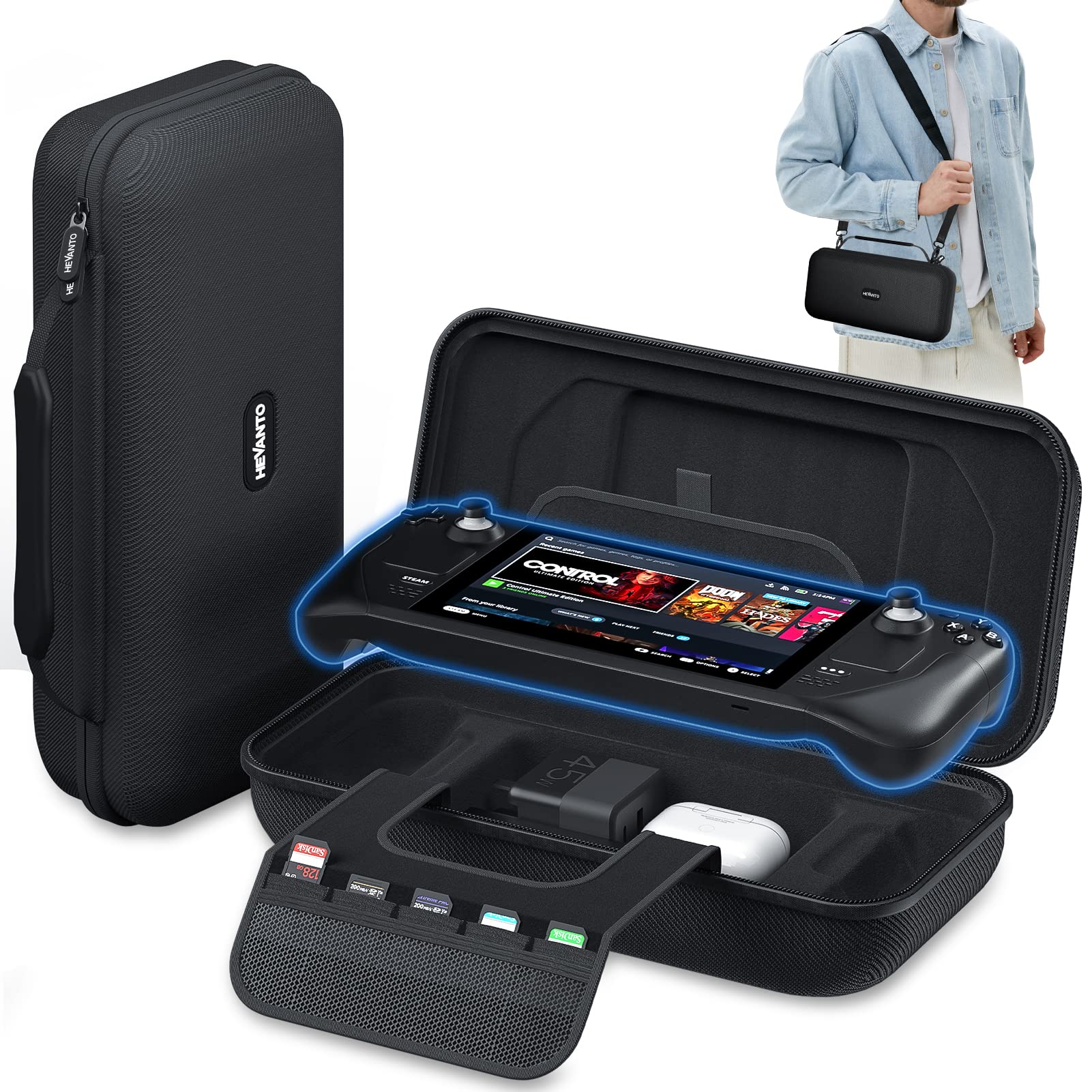 Hevanto Carrying Case, 3-in-1 Hard Sling Bag, Premium Handle & Zipper, with Kickstand & SD Card Slots, Black