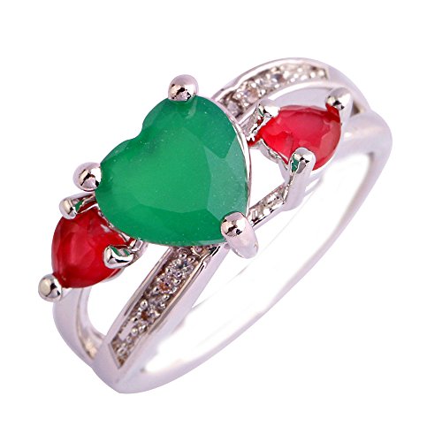 Empsoul Silver Plated Heart Shaped 3-Stones Created Ruby & Green Topaz CZ Filled Forever Love Promise Proposal Wedding Engagement Bridal Women Ring Size 6