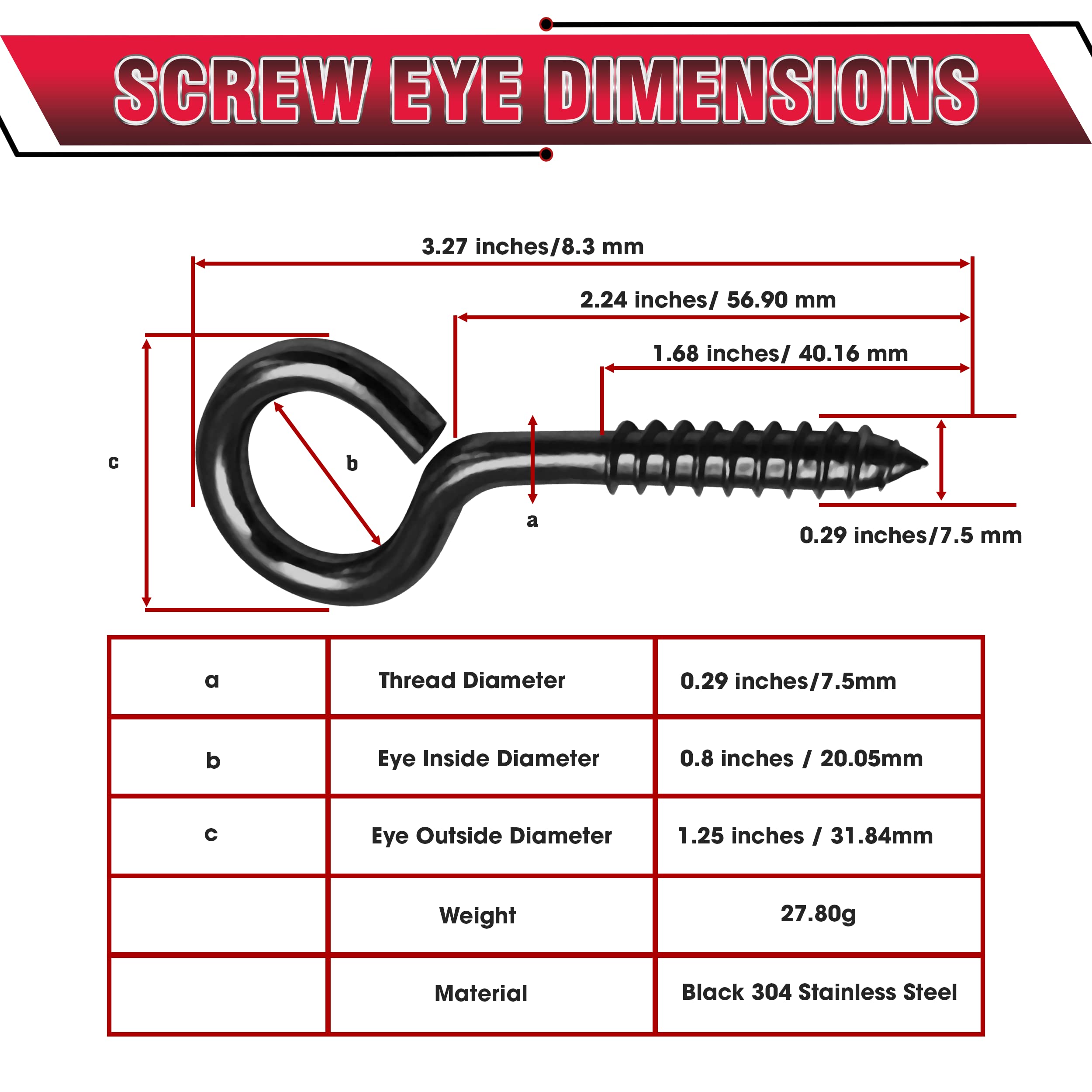 KEYXE 8Pcs Screw Eyes, 3.2 Inch Black Eye Hooks Screw Self Tapping Eye, Heavy Duty Eye Bolt for Wood Securing Cables Wire, Hammock Stand, Indoor & Outdoor Use
