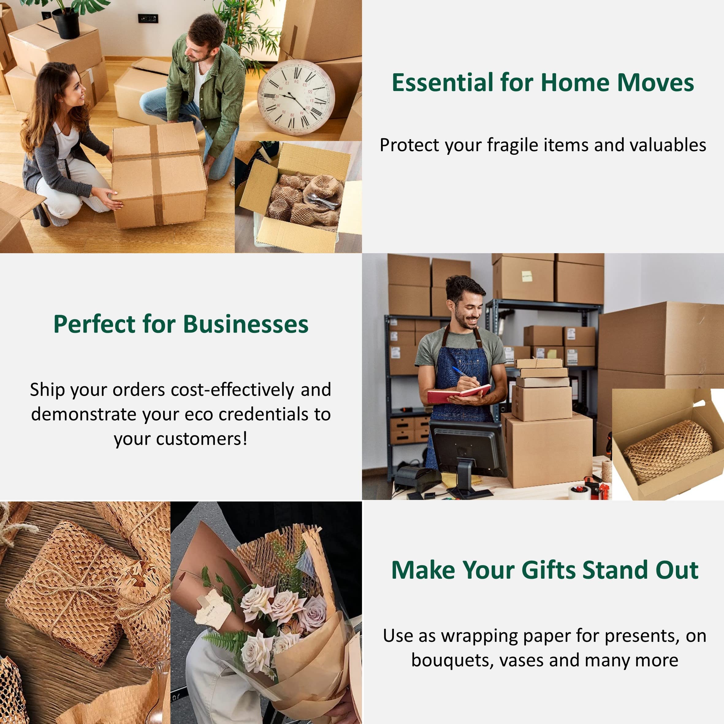 ecoTru Honeycomb Packing Paper 15" x 66', Eco Friendly Protective Wrap for Fragile Items, Recyclable & Biodegradable Shipping Supplies for Small Business, Wrap for Moving Essentials with 20 Sticker