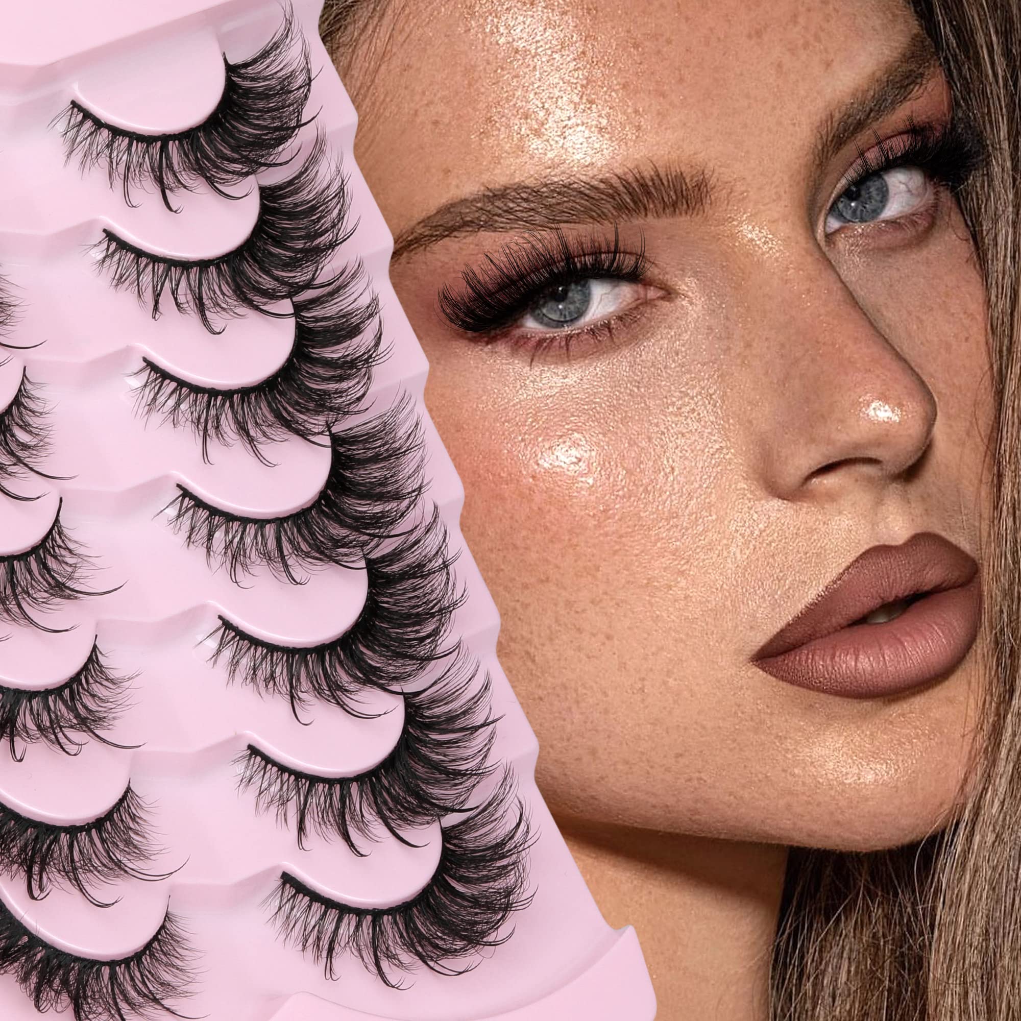 Lanflower False Lashes Fox Eye Eyelashes 8D Curl Fluffy Fairy Strip Lashes Dramatic Full Volume Faux Mink Lashes 7 Pairs