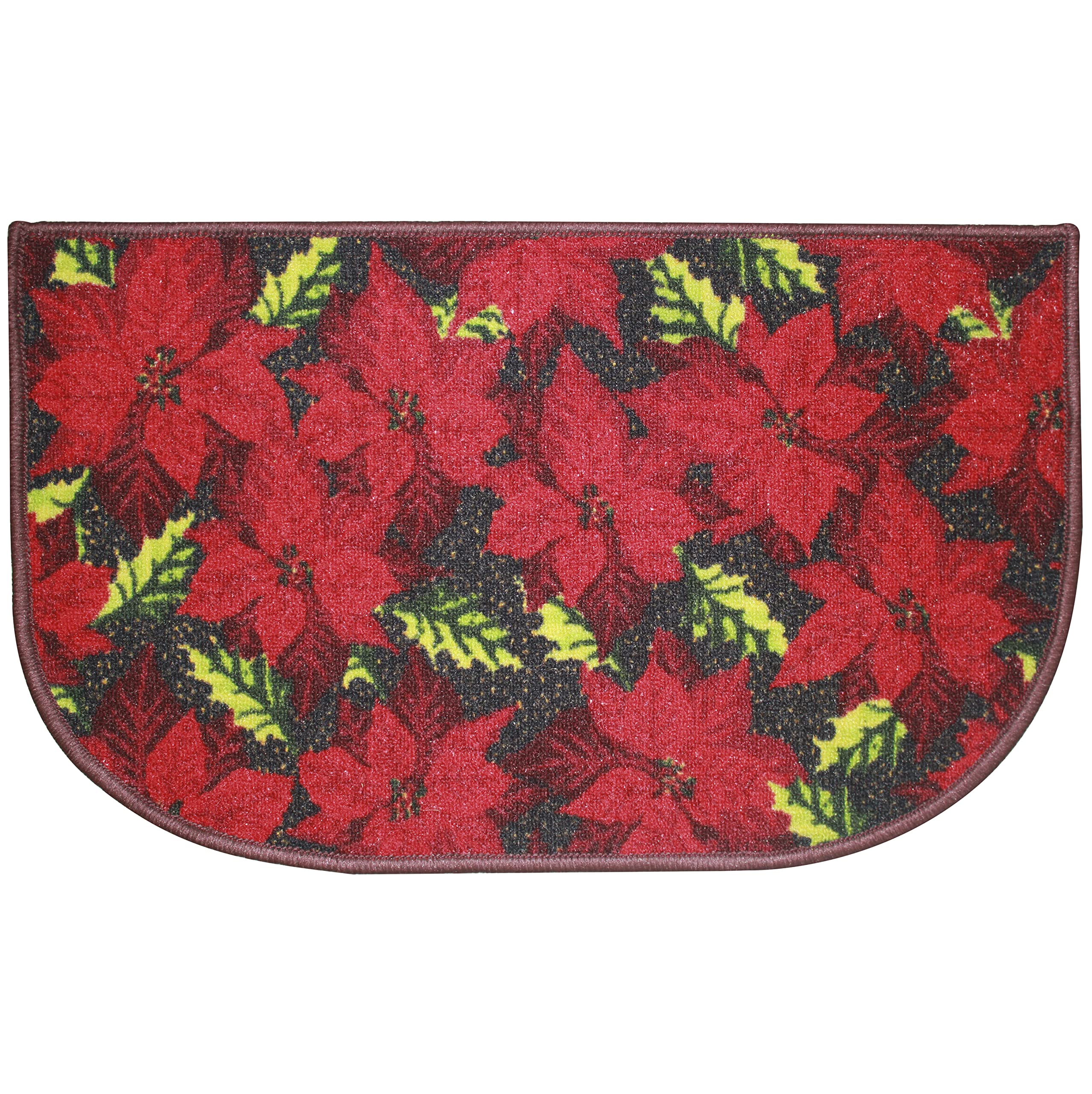 Kashi Home Christmas Kitchen Rug, Printed Holiday Area Rug, Durable Floor, Door Mat, Non-Slip Carpet Latex Backing, Red Poinsettia 18"x30", D-Shape