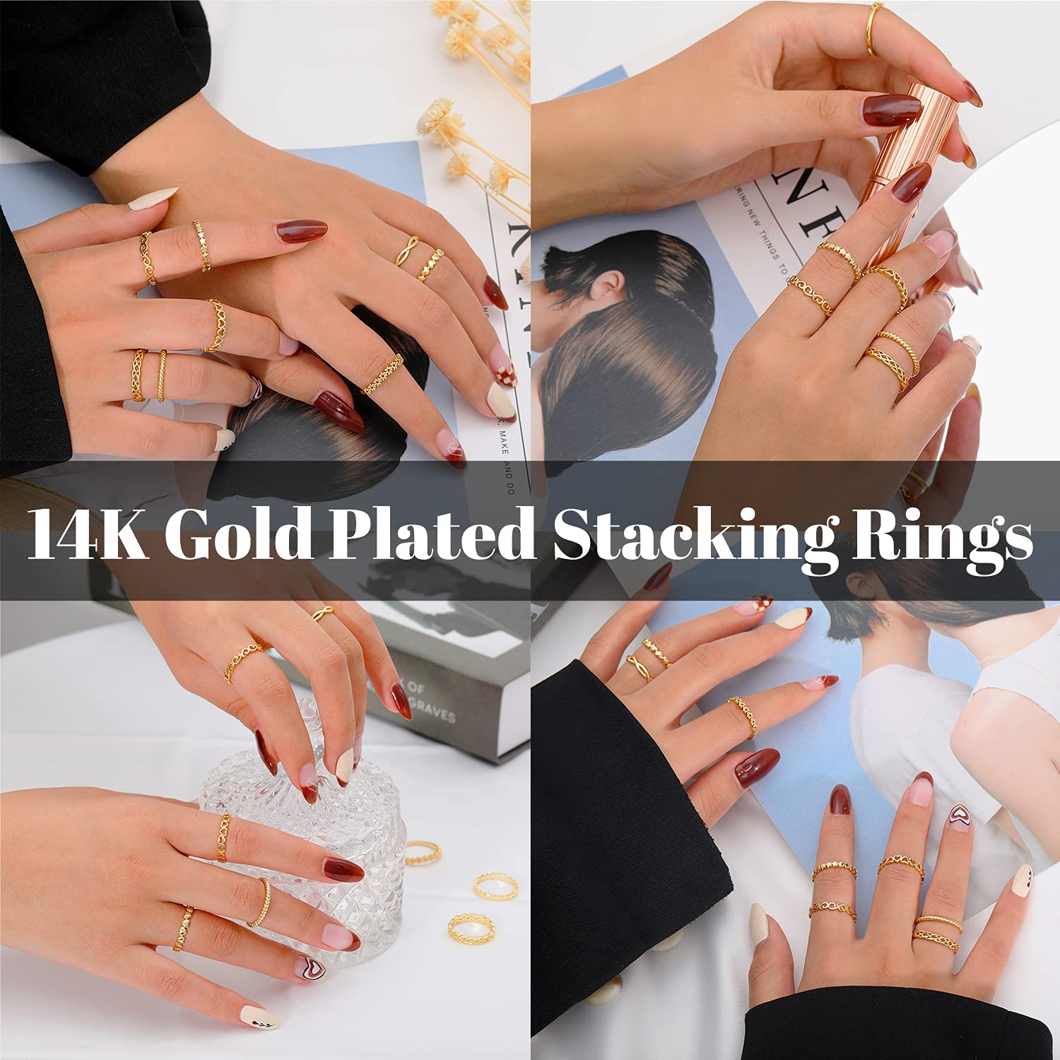 FUNEIA 8Pcs Knuckle Stacking Rings for Women14K Gold Plated Stackable Thumb Rings Set Star Heart Celtic Knot Daisy Flower Twisted Eternity Rings Engagement Promise Wedding Band Ring Size 5-9